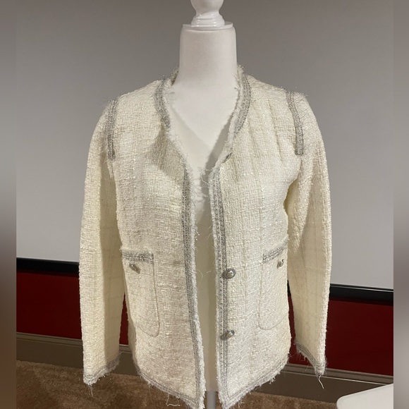 Zara | Jackets & Coats | Zara Woman White Metallic Threads Woven ...